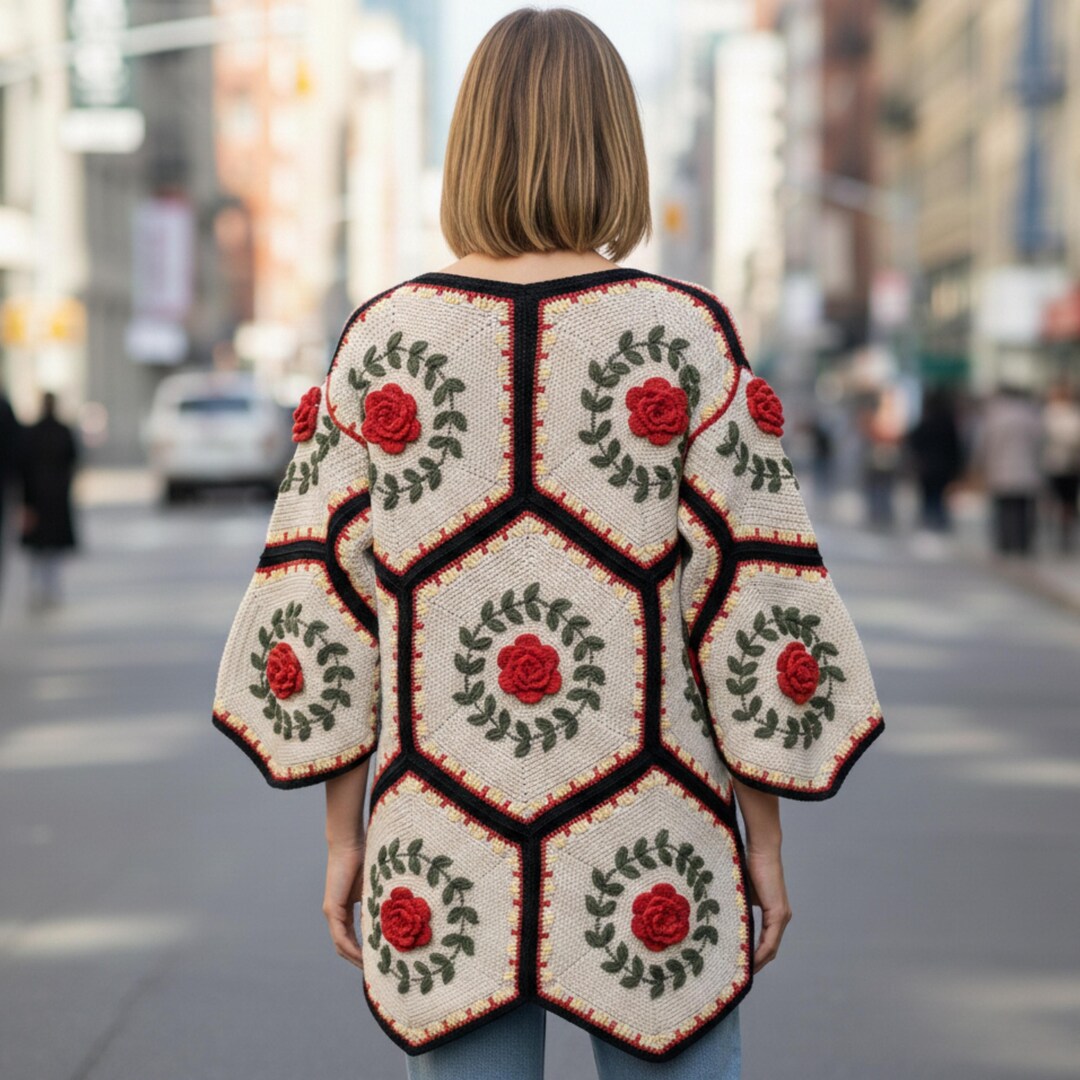 Handmade Hexagonal Motif Rose Crochet Cardigan – Vintage Boho Motif ...
