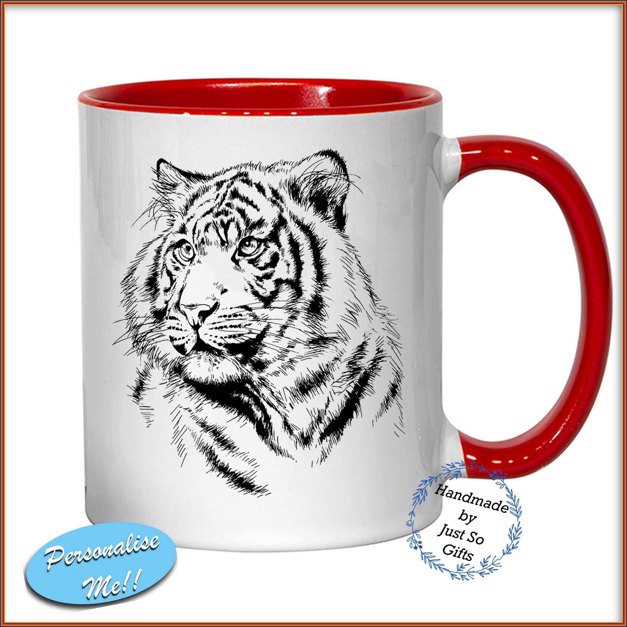 Tiger Ceramic Mug - Realistic Hand Drawn Tiger - Personalised Unique ...