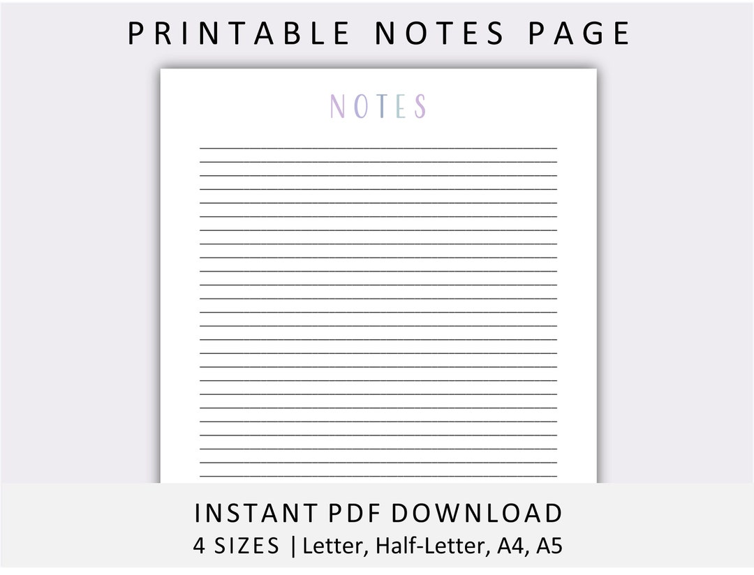 Printable Notes Page 4 Sizes Letter, Half-letter, A4, A5 Pastel Rainbow ...
