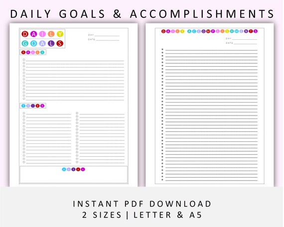 Daily Goals and Accomplishments Pages 2 Sizes Letter & A5 | Etsy