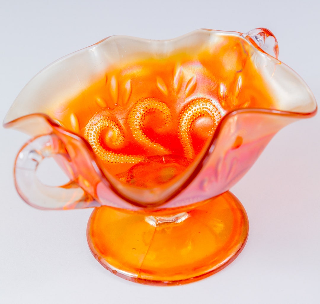Carnival Glass Bon Bon Dish With Handles And Decorated With Question Marks By Dugan Etsy