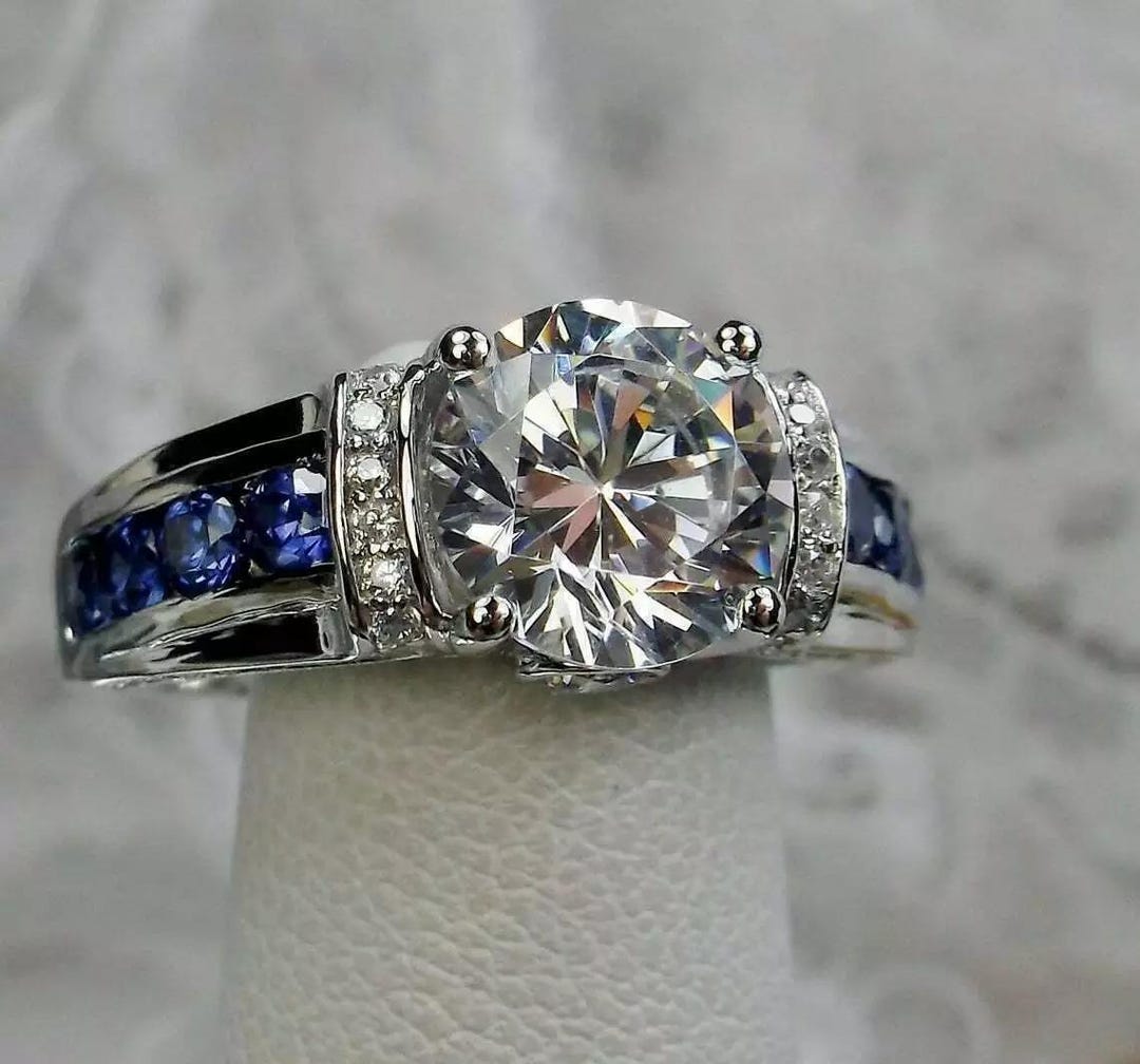 Round Cut Certified GRA Moissanite Diamond & Sapphire Ring, Gorgeous ...