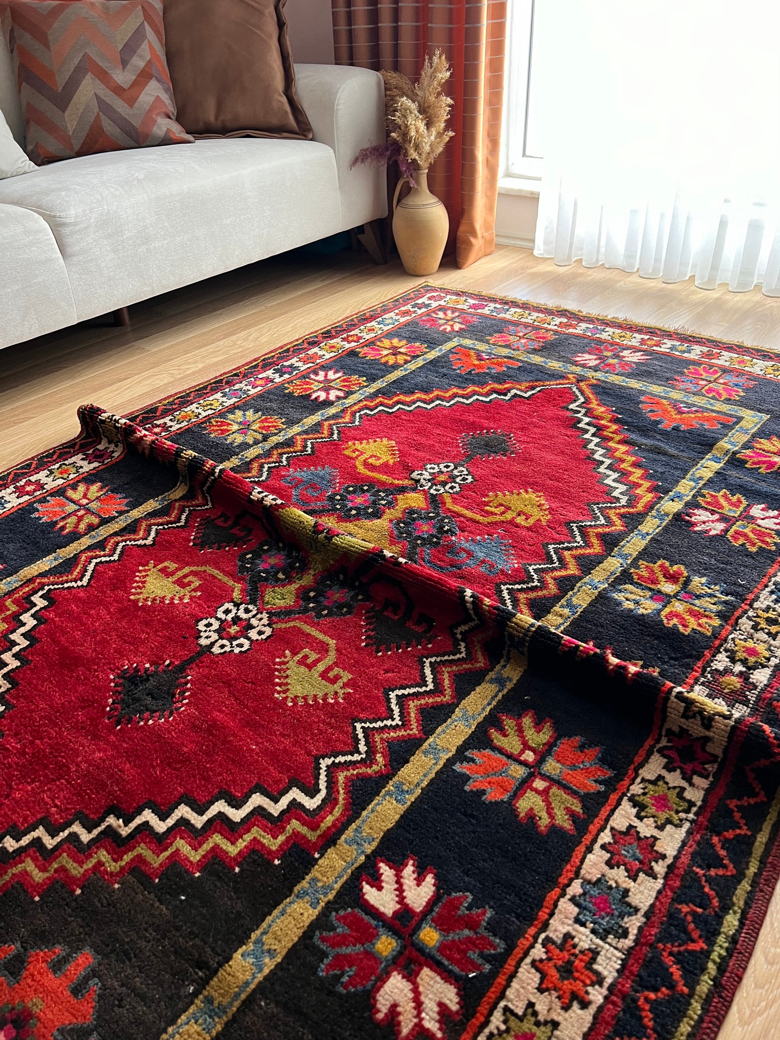 4x8 Vivid Color Red&black Turkish Kilim, 4x8 Handwoven Antique Rug ...