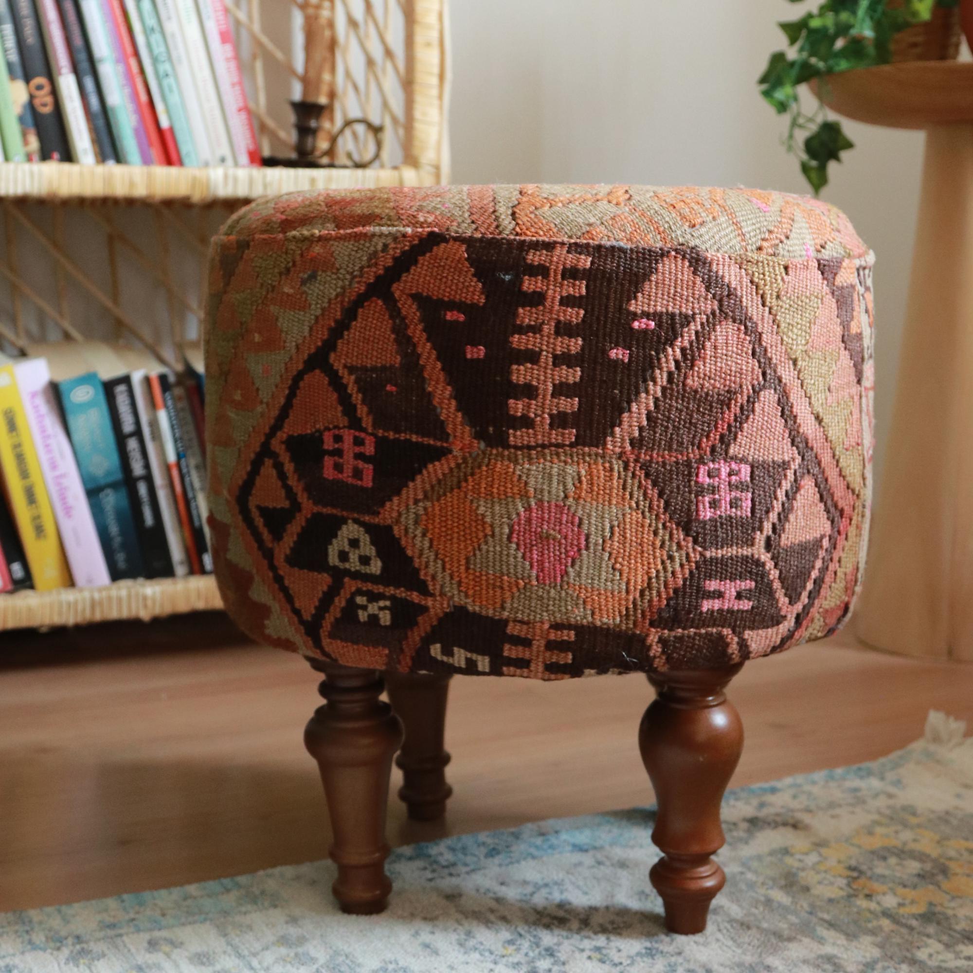 Vintage Kilim Ottoman Pouf – Handmade Turkish Floor Cushion, Boho ...