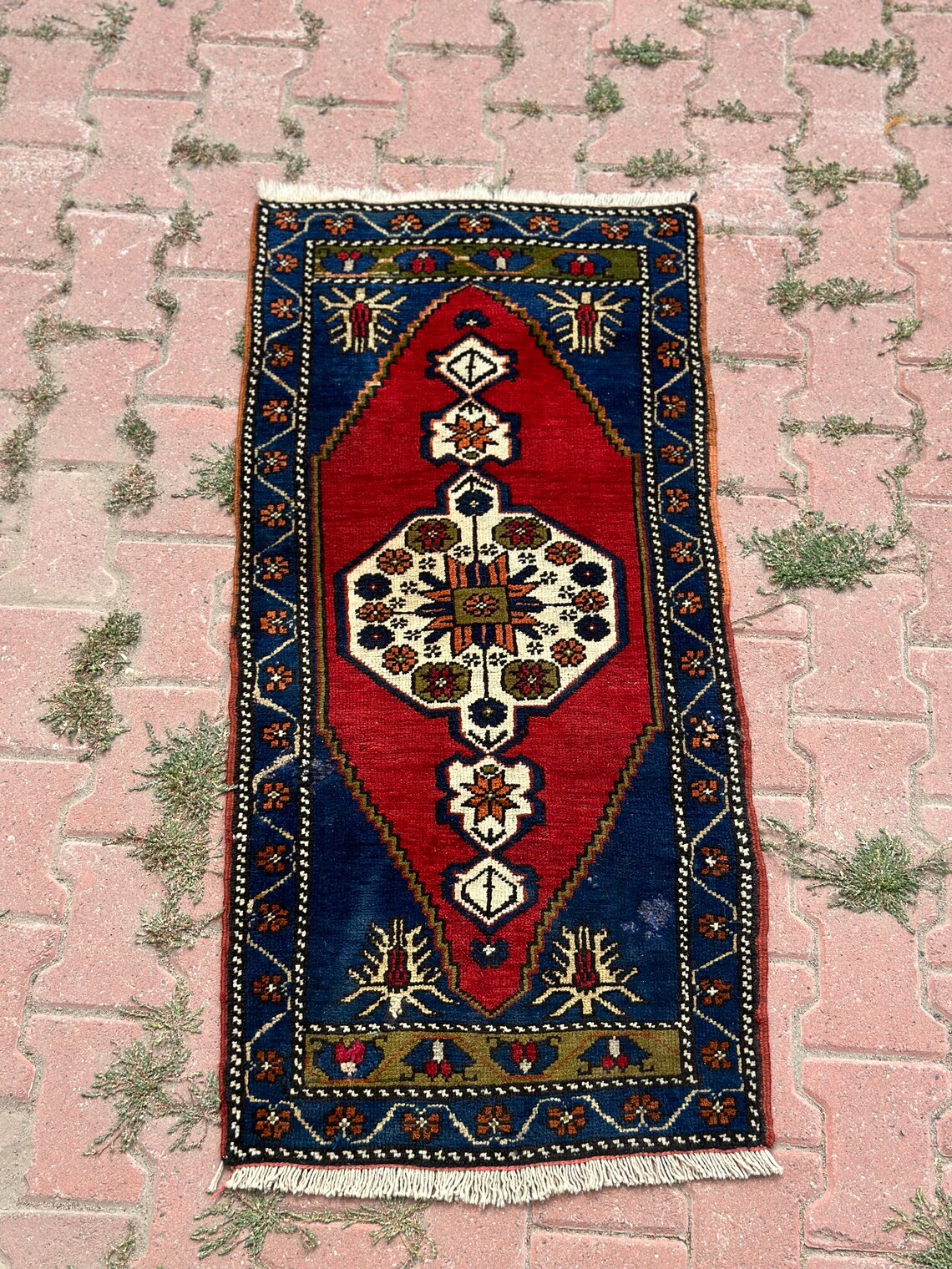 2x4 Runner, Red and Blue Hand Woven Vintage Runner, Handmade Wool ...