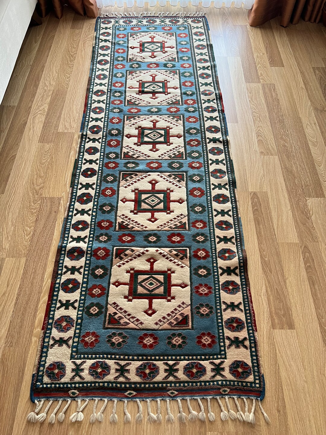 3X9 Turkish Runner Rug for Hallway • Long Rug Runner Blue and Begie ...