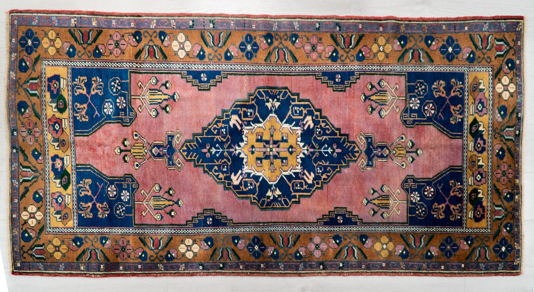 3x7 Pink-navy Blue Vintage Turkish Rug, Handmade Wool Anatolian Rug ...