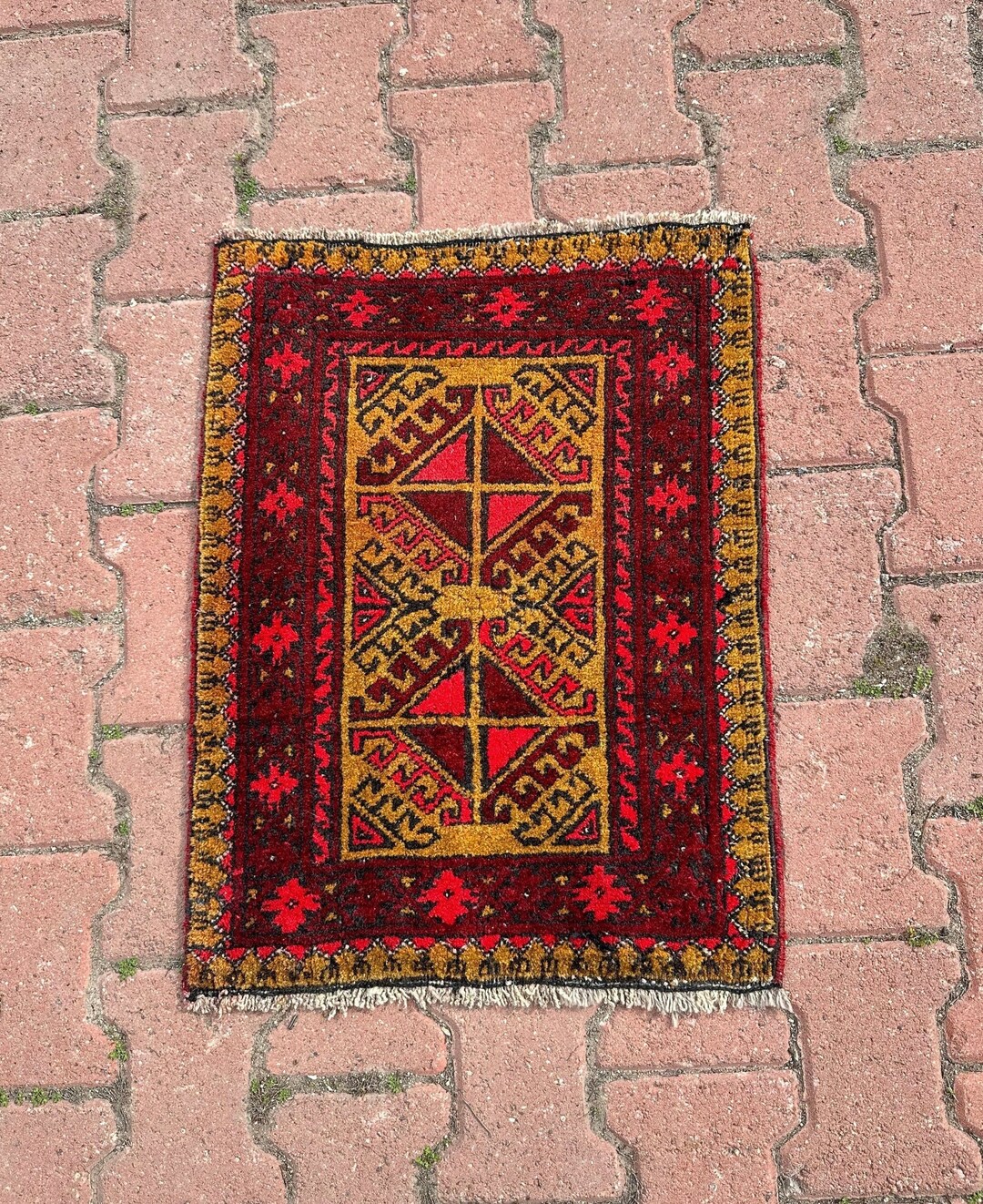 Small Tribal Pattern Red Vintage Rug, 1x2 Vivid Color Antique Doormat ...