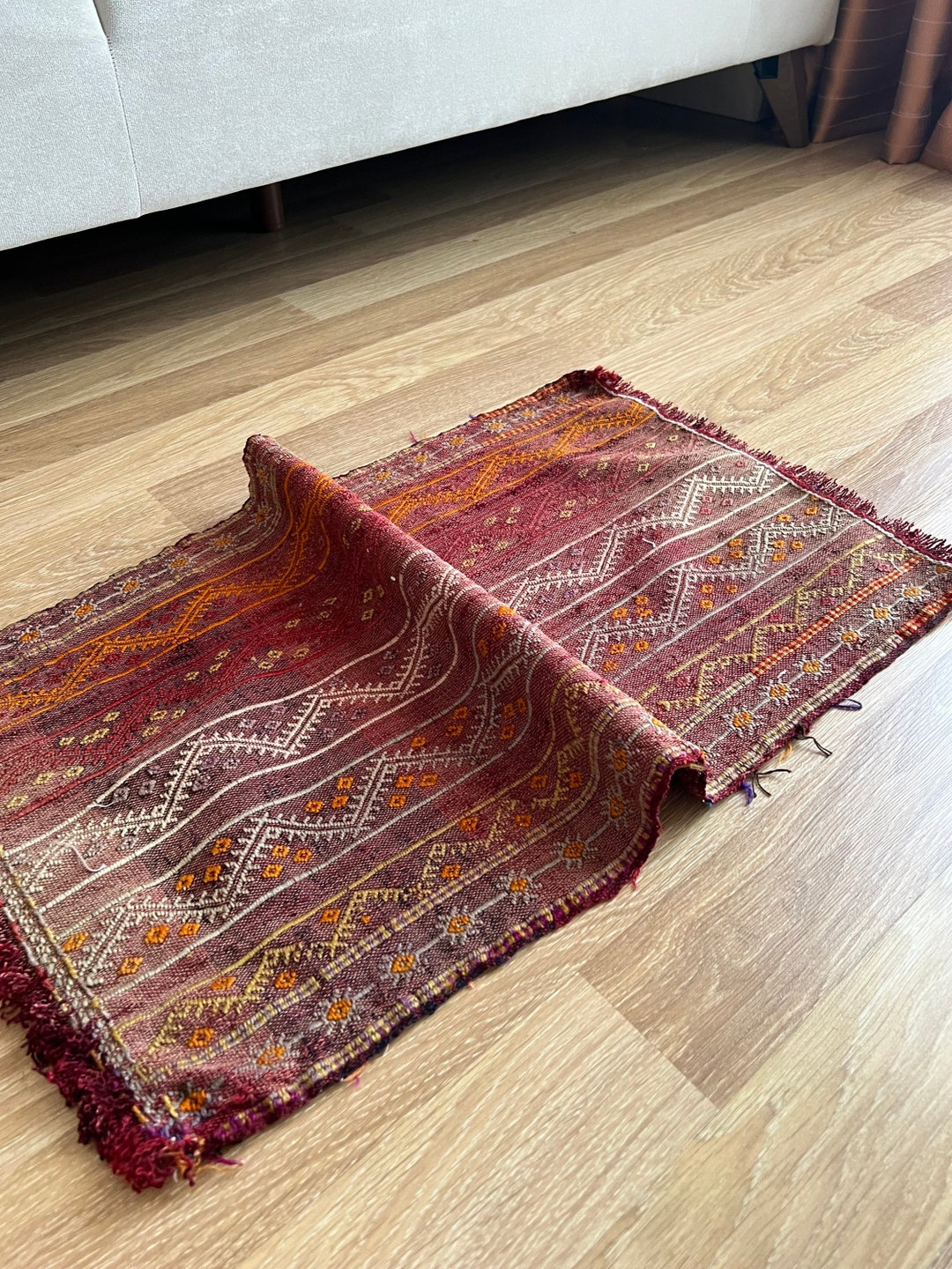 1x2 Small Geometric Pattern Red Orange Vintage Kilim Rug, 1x2 Handmade ...