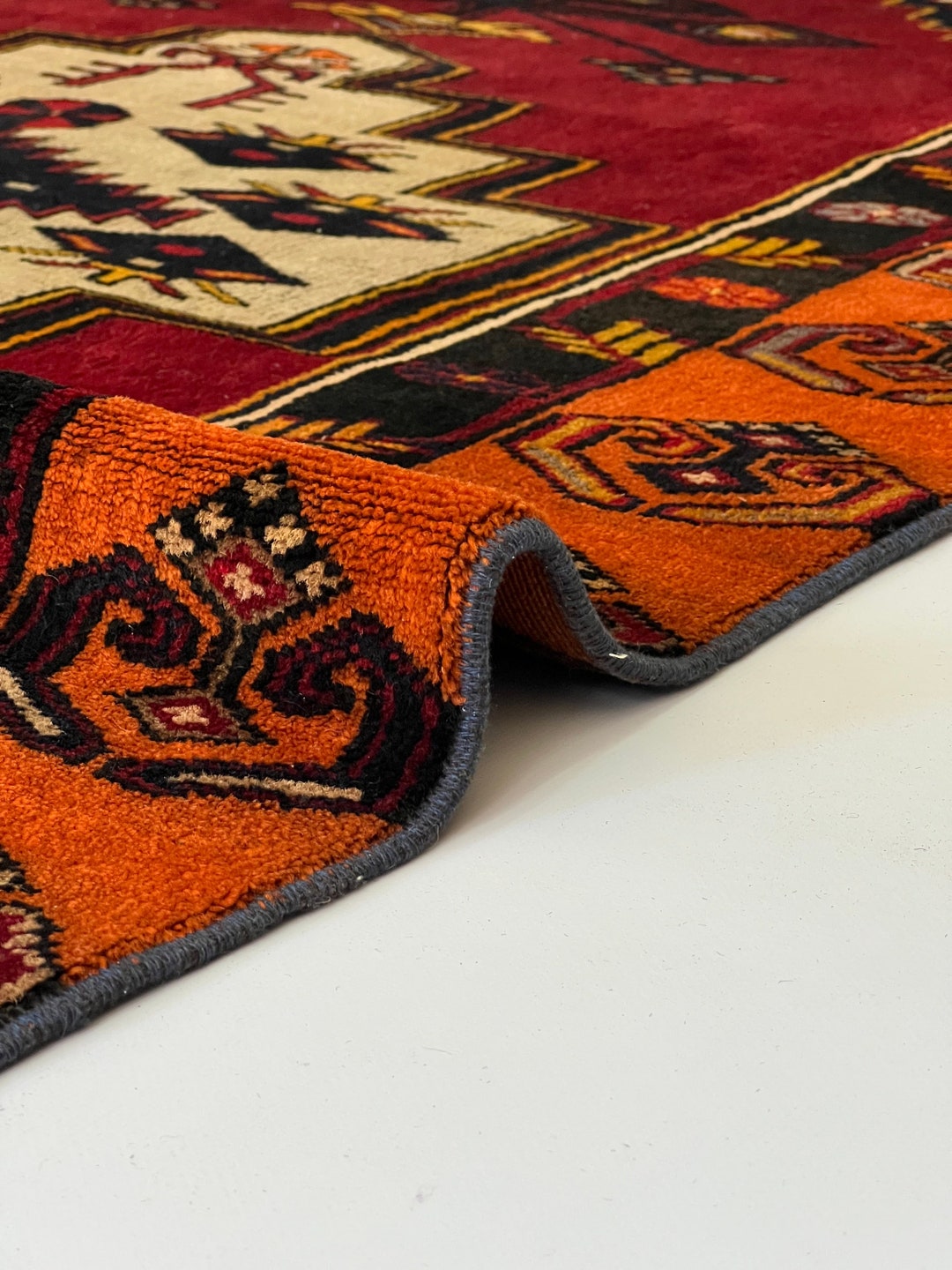 3x8 Red-based Geometric Pattern Classic Turkish Rug, Handmade Anatolian ...
