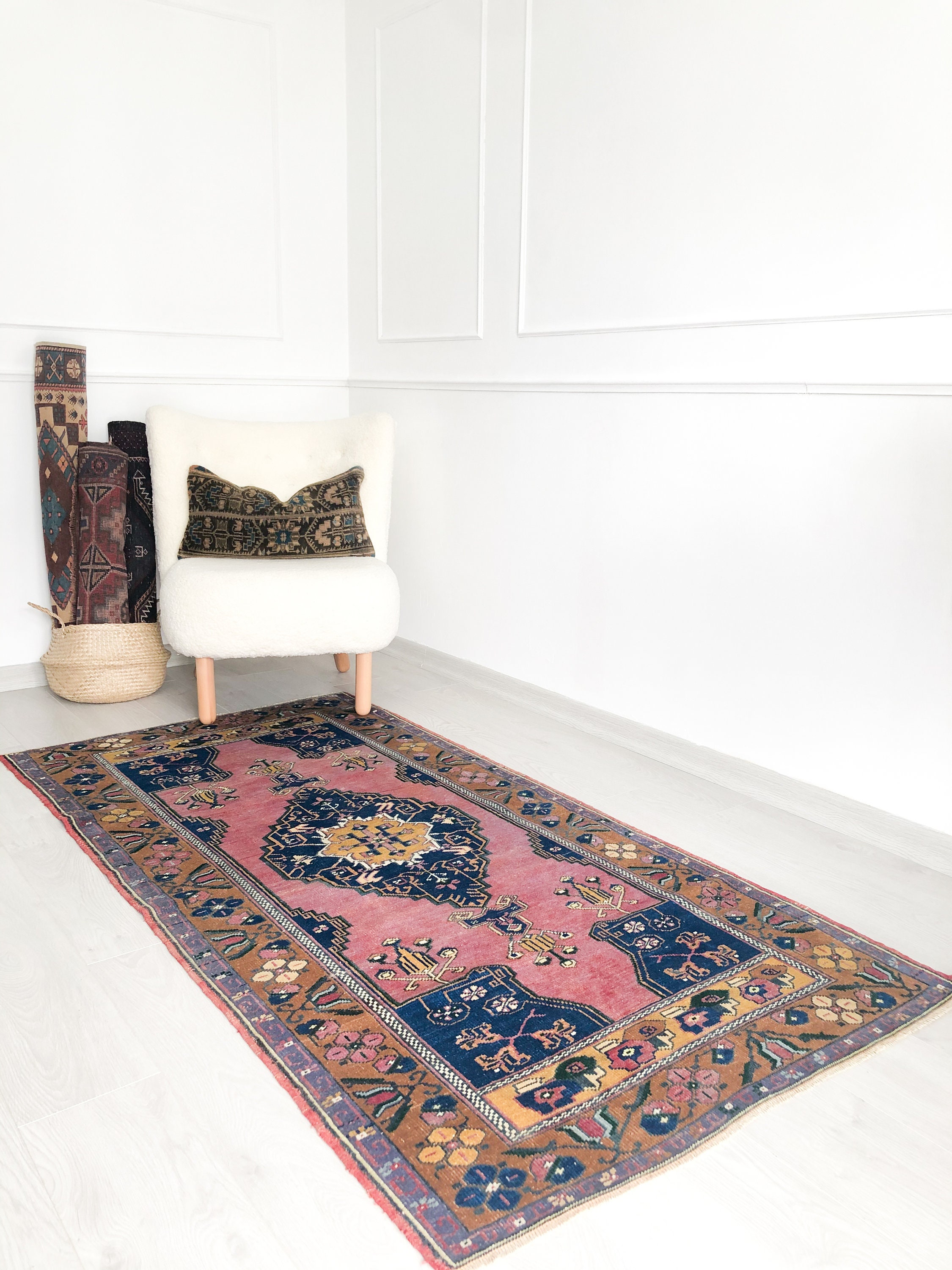 3x7 Pink-navy Blue Vintage Turkish Rug Handmade Wool - Etsy