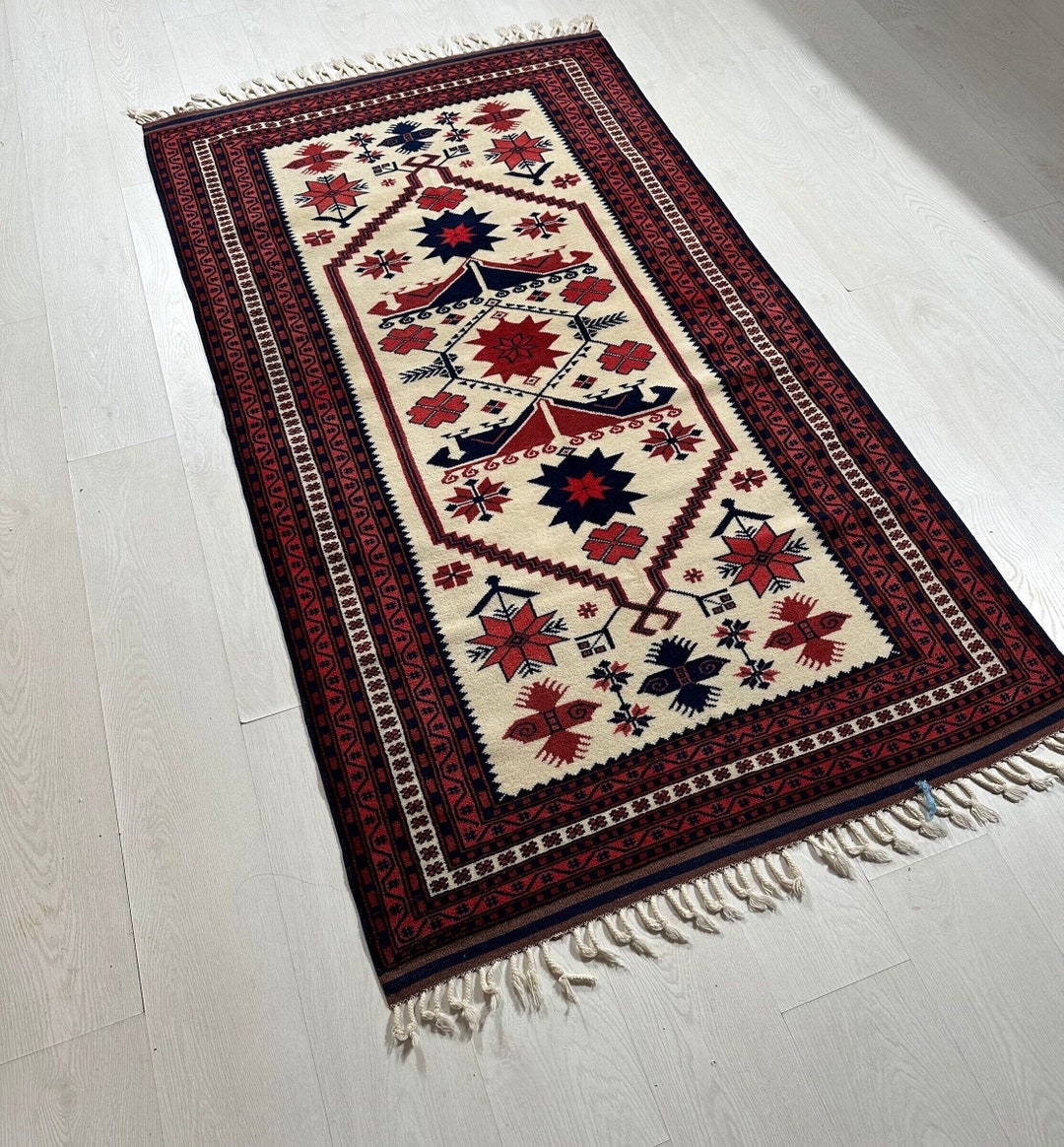 Turkish Yagcibedir Rug, 3x6 Vintage Handwoven Rug, Red Cream Color Rug ...