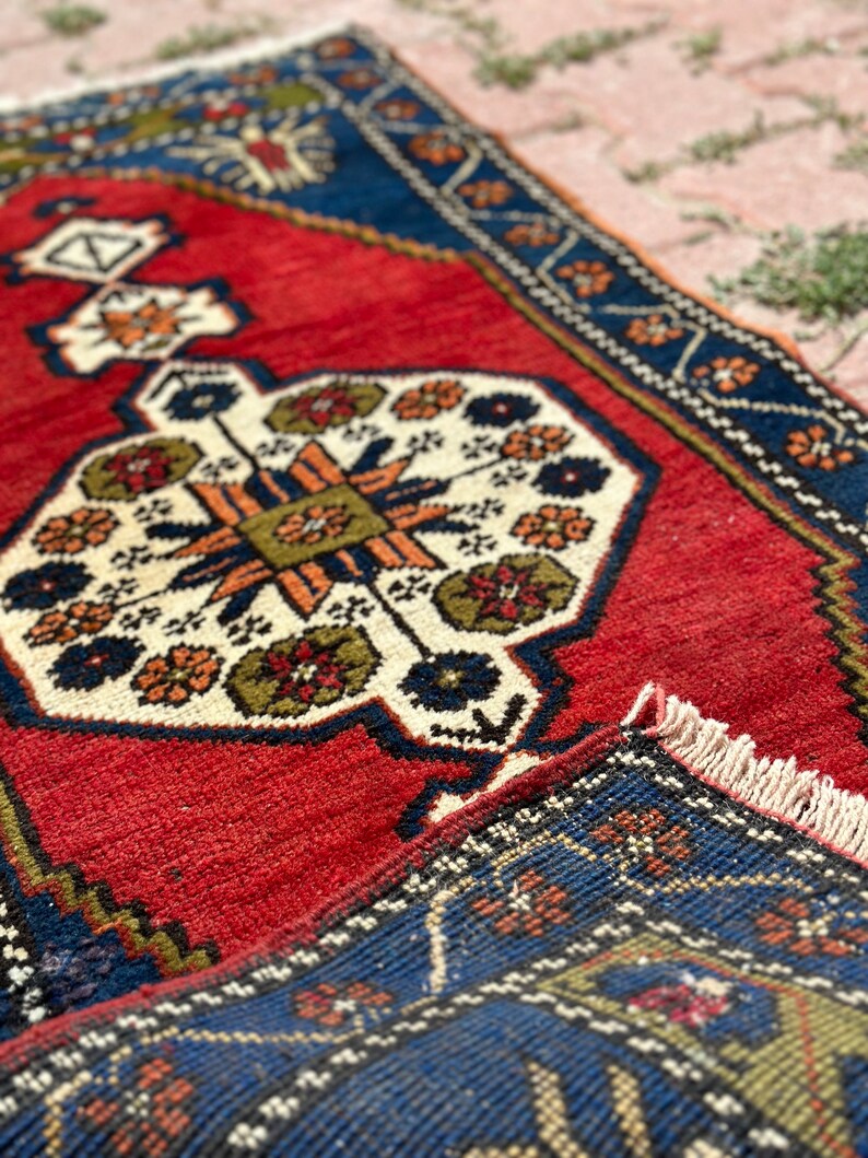 2x4 Runner, Red and Blue Hand Woven Vintage Runner, Handmade Wool ...