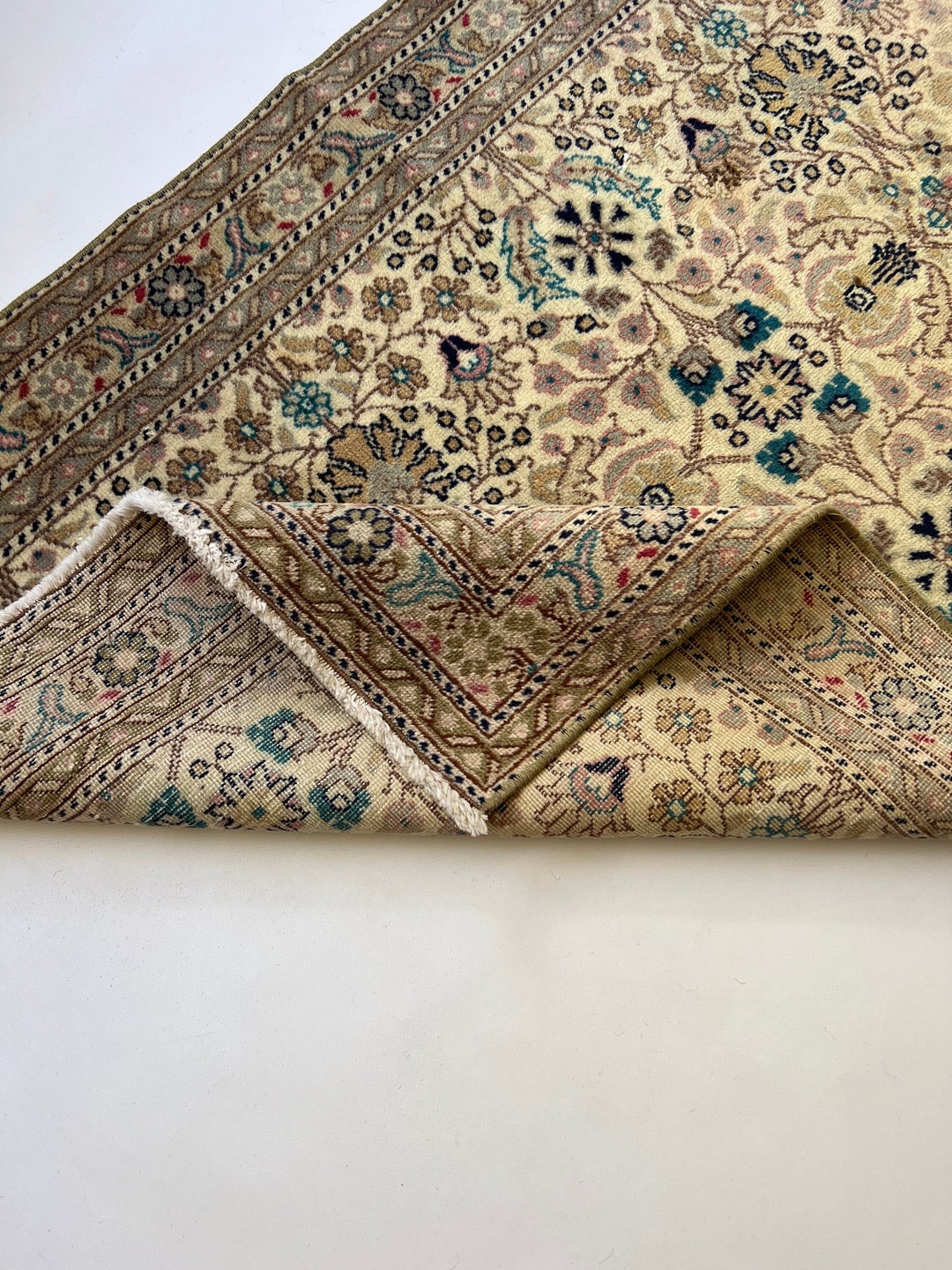 3x4 Vintage Beige Rug, Colorful Handmade Oushak, Turkish Wool Rug ...