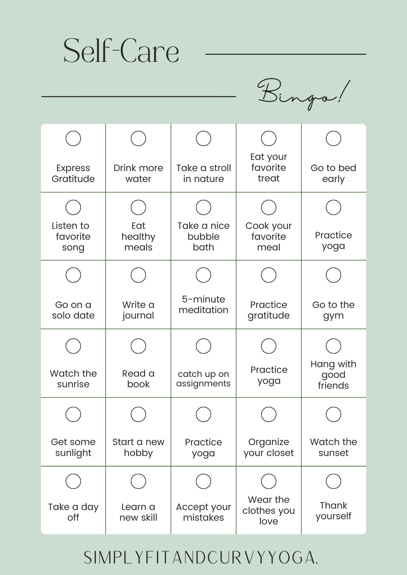 Self Care Bingo, Self Care Activity, Yoga, Mindfulness, Meditation ...