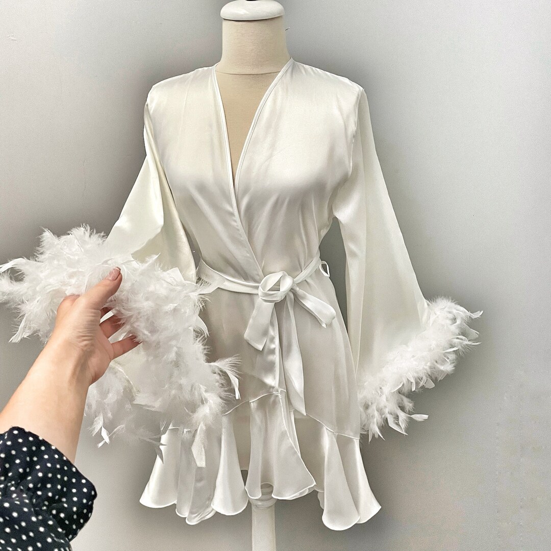 Long Sleeve Bridal Robe, Ruffled Skirt, Sleeve With Feather ...