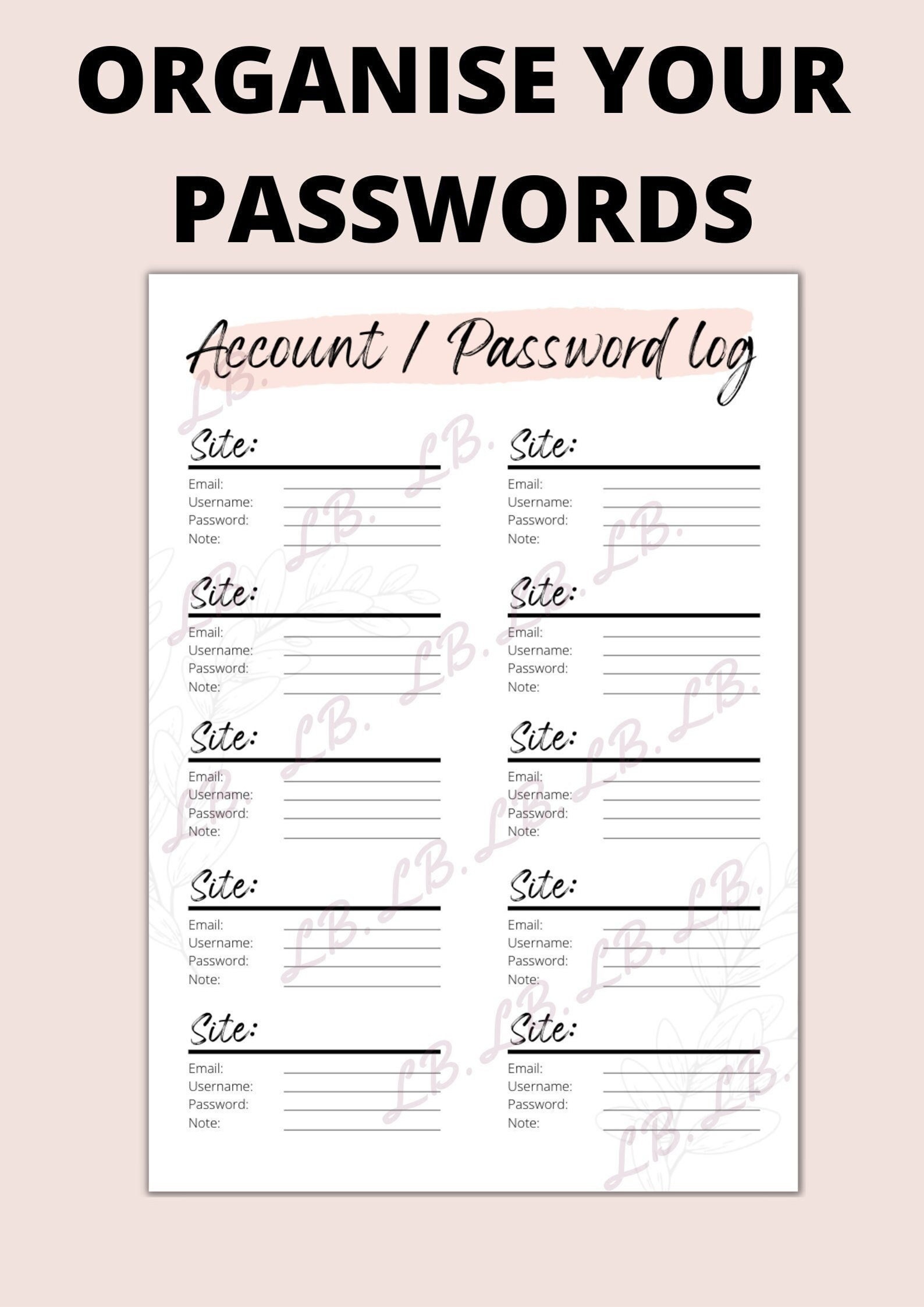 Printable Password Cheat Sheet | Account Log | Personal Password Diary ...