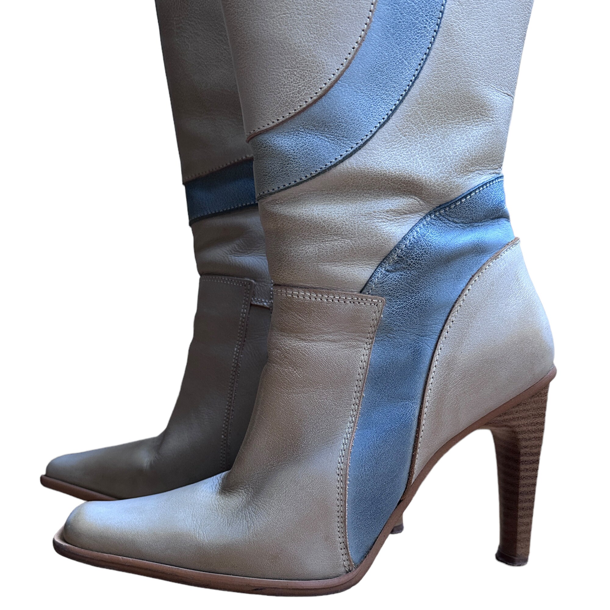 MUSTANG Vintage 90s Y2k Genuine Leather Blue Beige Pointy Square Toed ...