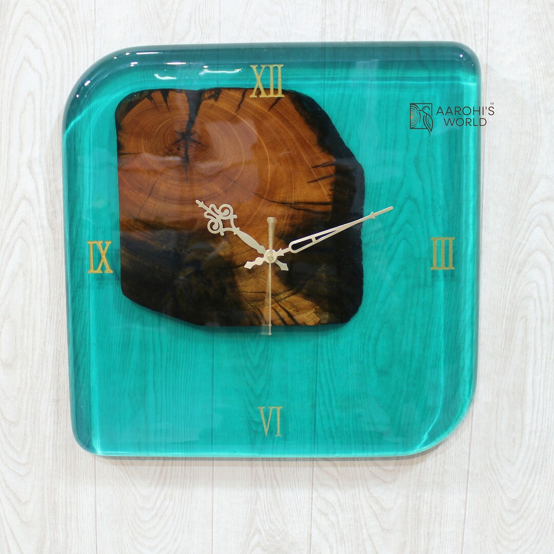 Handmade Epoxy Resin Wall Clock: Transparent Blue Wood Clock (15 Inch ...