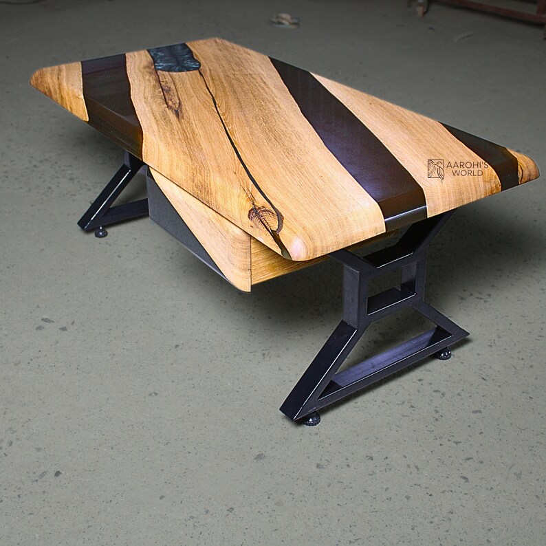 Coffee Table of Teal Color Epoxy Resin and Oak Wood With Single Drawer ...
