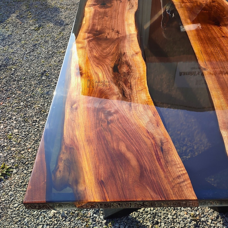 Walnut Epoxy Resin Dining Table in Black Theme, 6 Seater, Ready to Ship ...