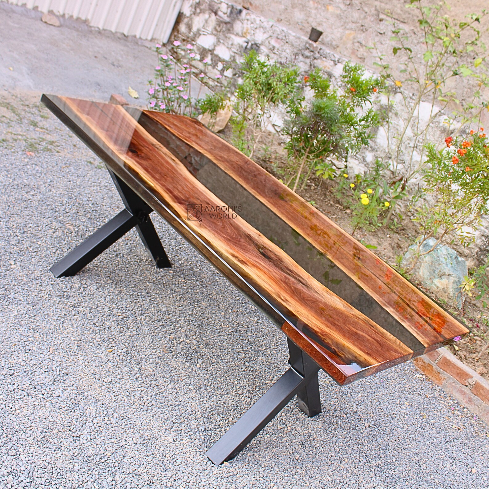 Walnut Epoxy Resin Dining Table in Black Theme, 6 Seater, Ready to Ship ...