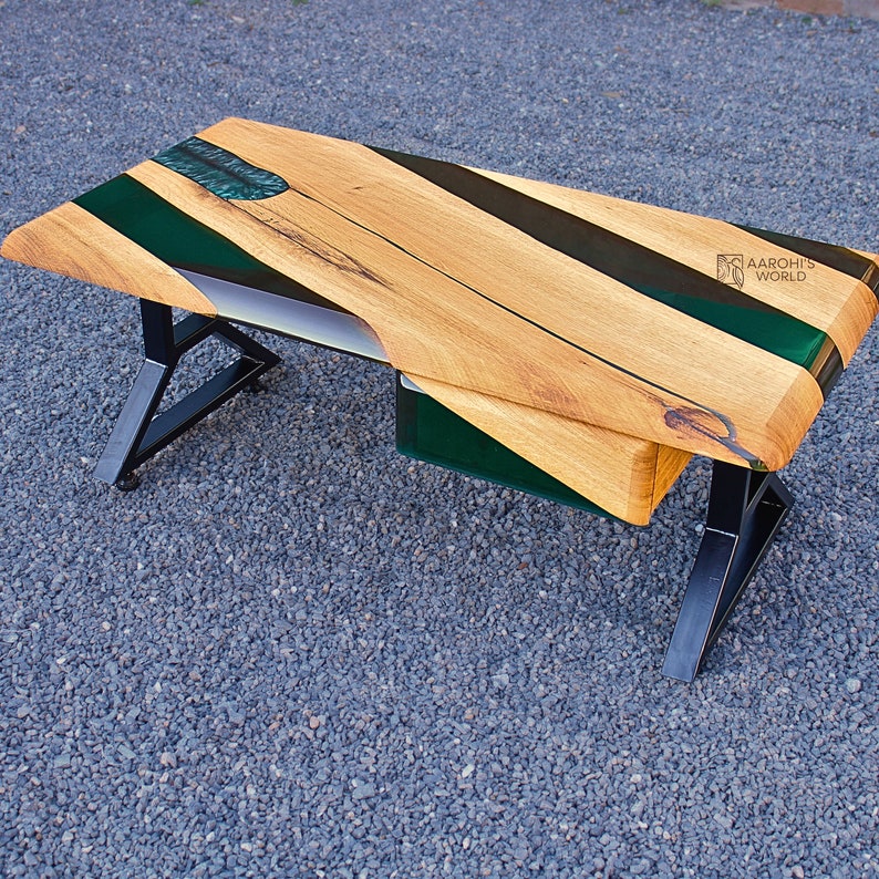 Coffee Table of Teal Color Epoxy Resin and Oak Wood With Single Drawer ...