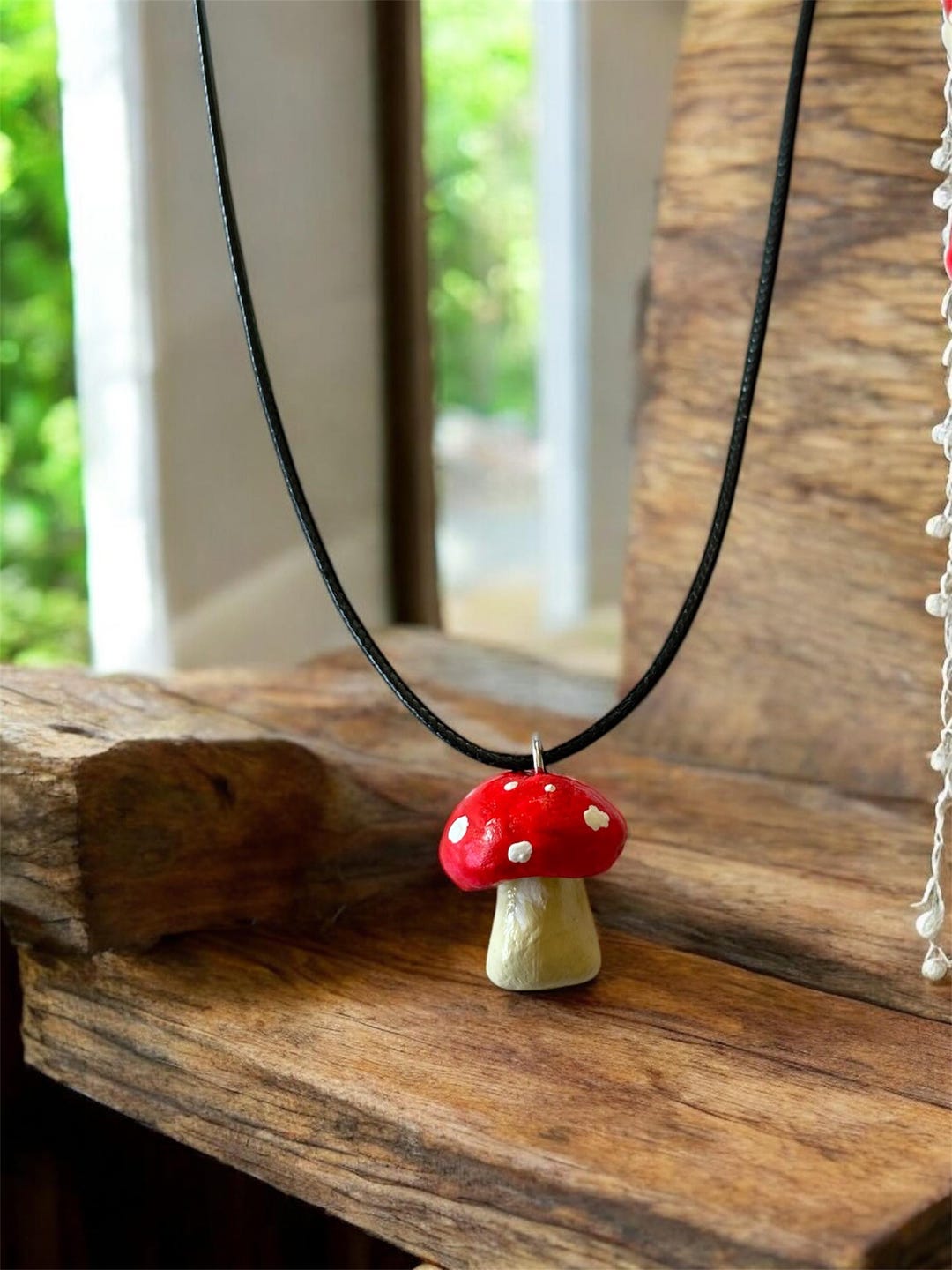 Handmade Clay Mushroom Necklace – Whimsical Red Toadstool Pendant on ...