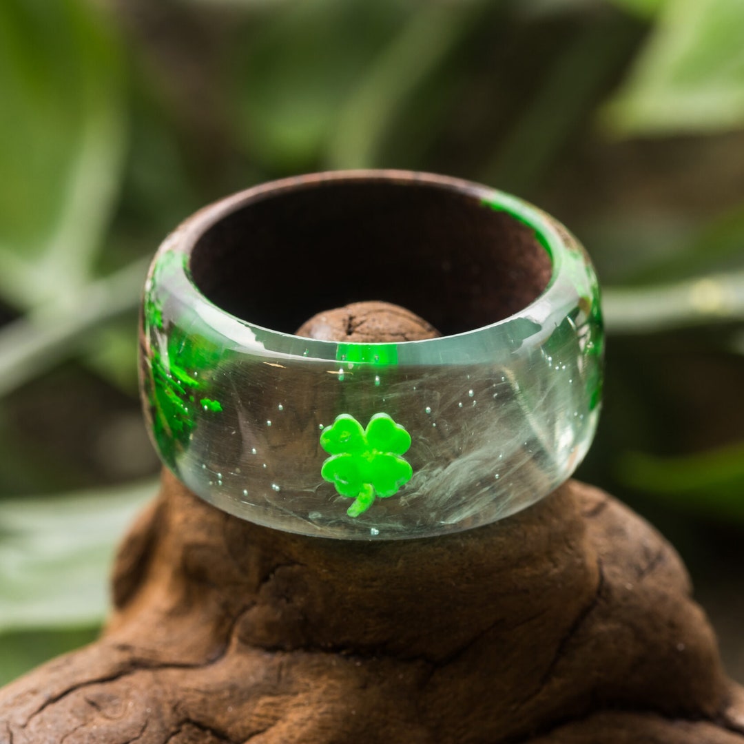 Green Wood Resin Ring Cloverunique Resin Band Handmade Jewelry Gift ...