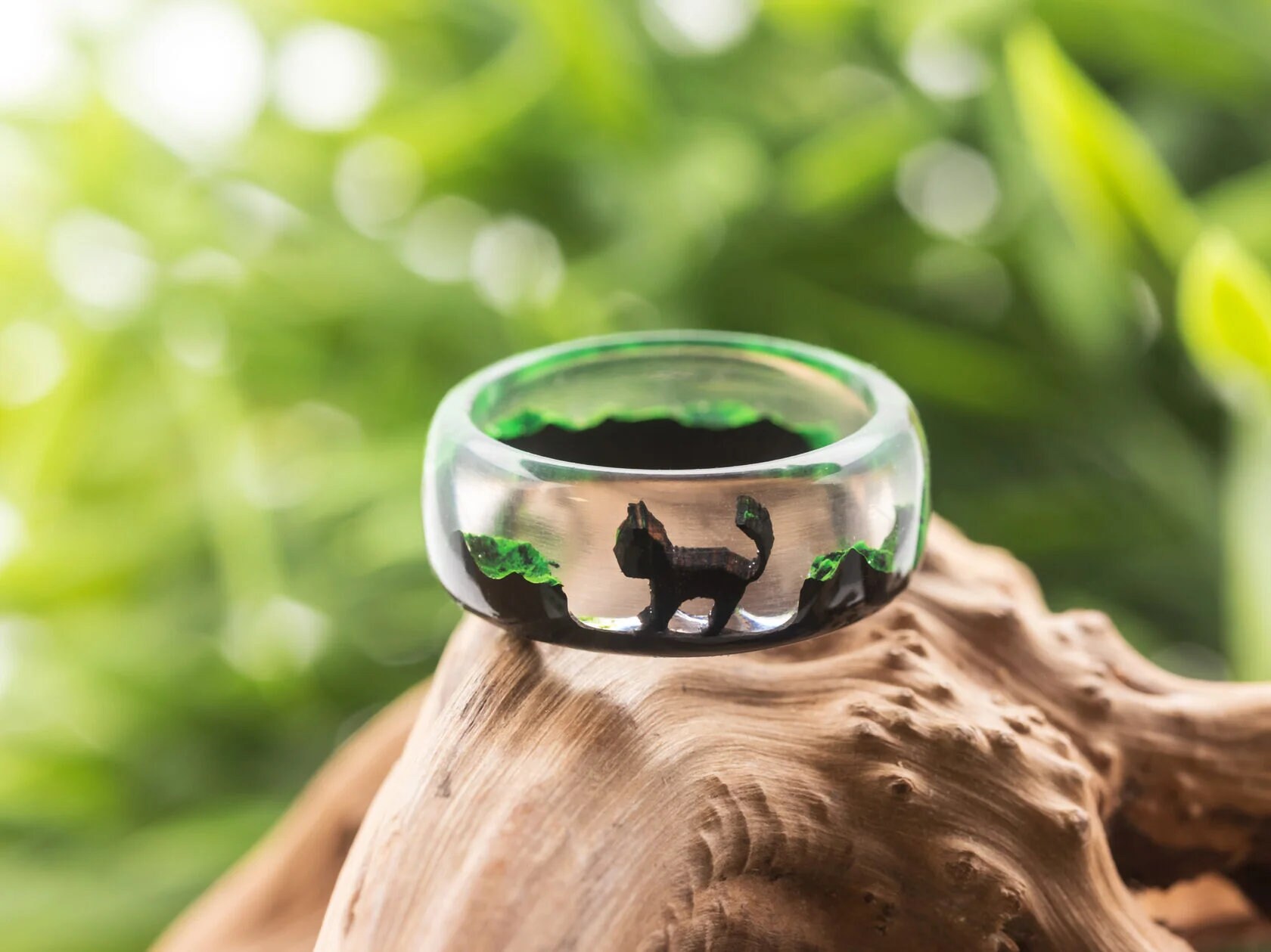 Stylish Ring Made of Wood and Green Epoxy Resin Kitty Ring Handmade ...