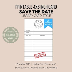 Library Card Style Save the Date DIY Invitation Printable 4 X 6 Invite ...