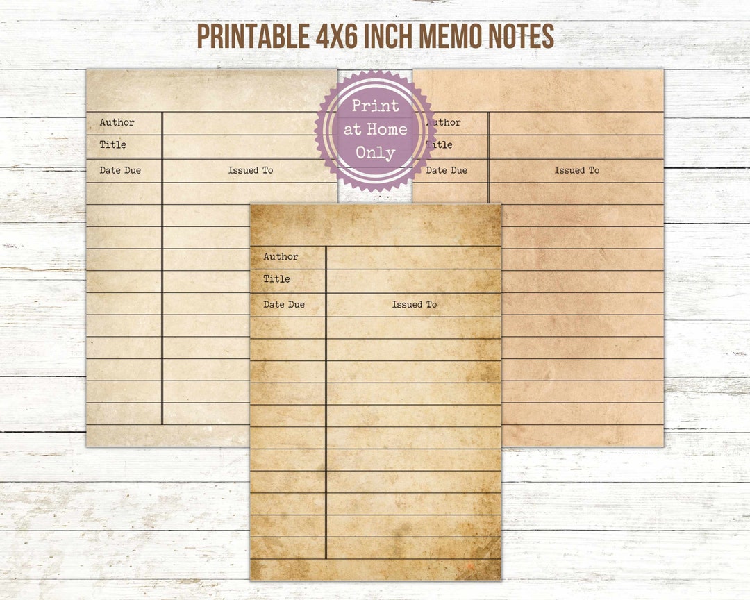 Library Card Style Old Paper Memo Notes - 3 Designs - Printable 4 X 6 ...