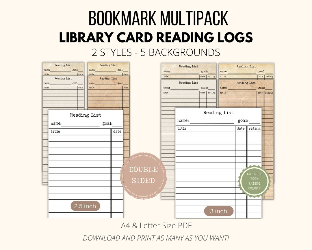 Library Card Style Reading Tracker Bookmarks Multipack Plain & Vintage ...