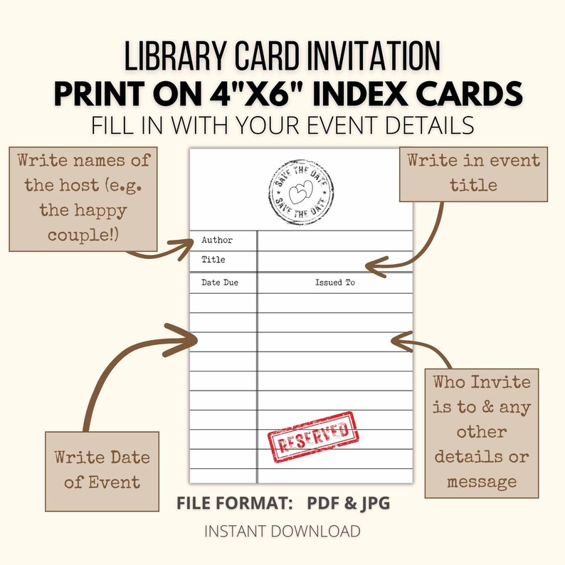 Library Card Style Save the Date DIY Invitation Printable 4 X 6 Invite ...