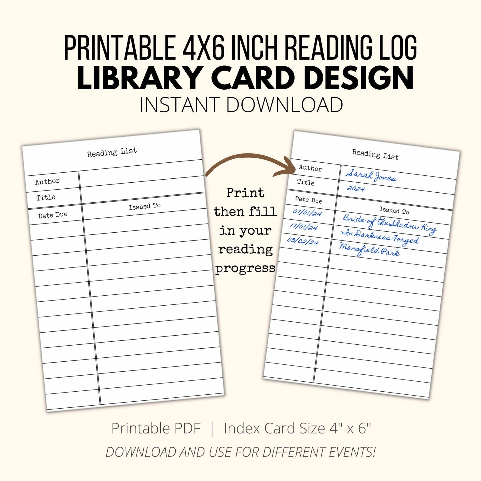 Library Card Style Reading Log Printable 4 X 6 Inch Index Card Blank ...