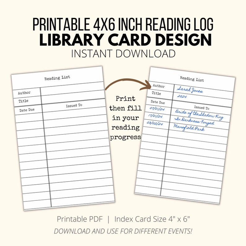 Library Card Style Reading Log Printable 4 X 6 Inch Index Card Blank ...