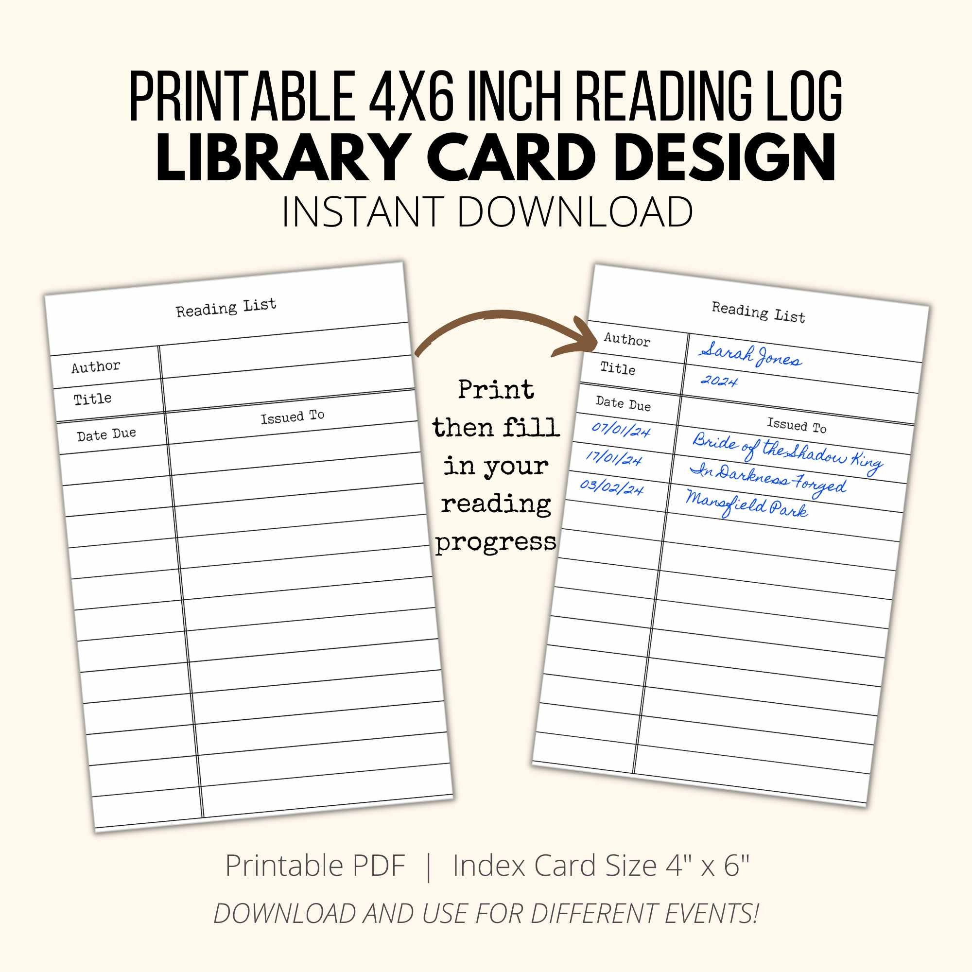 Library Card Style Reading Log Printable 4 X 6 Inch Index Card Blank ...