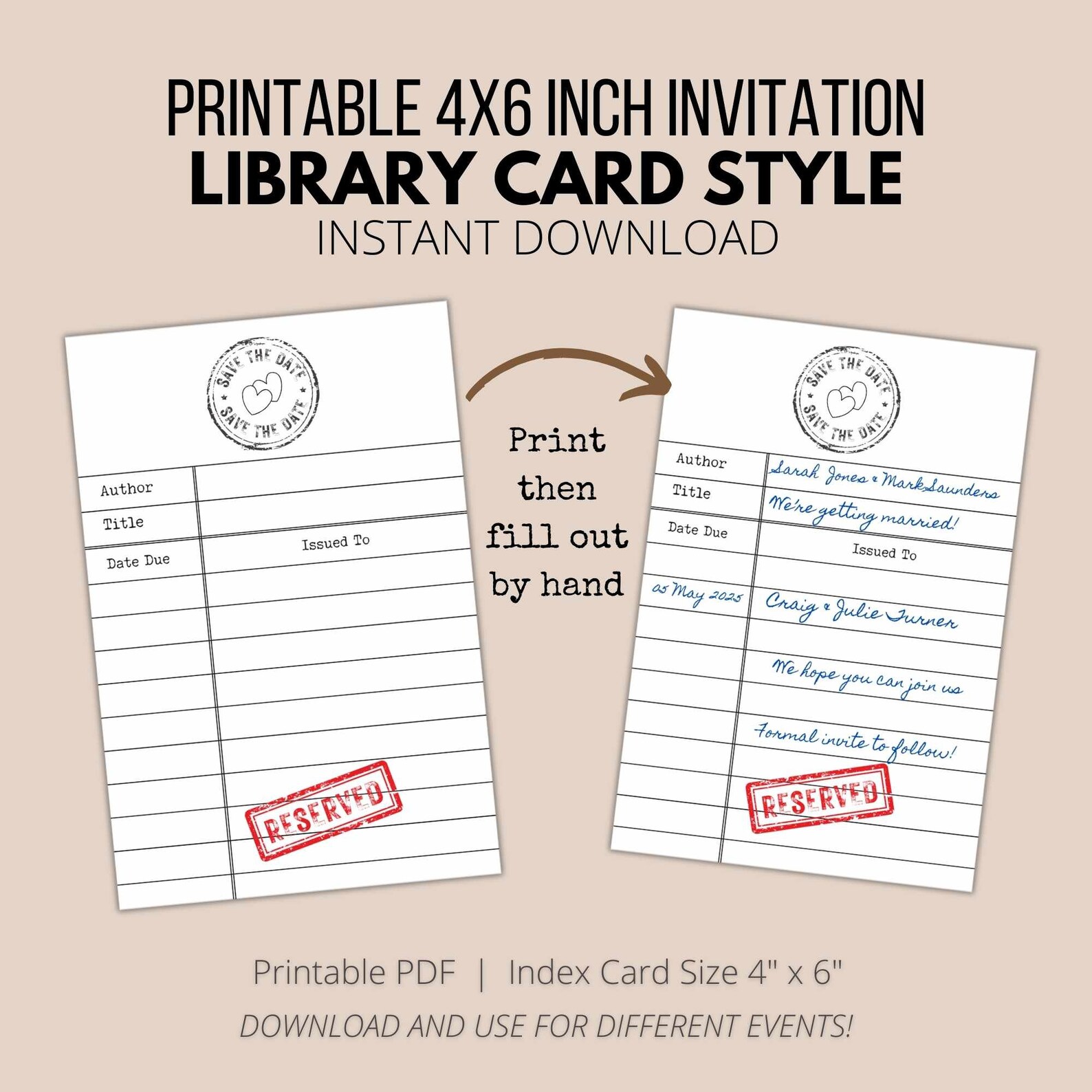 Library Card Style Save the Date DIY Invitation Printable 4 X 6 Invite ...