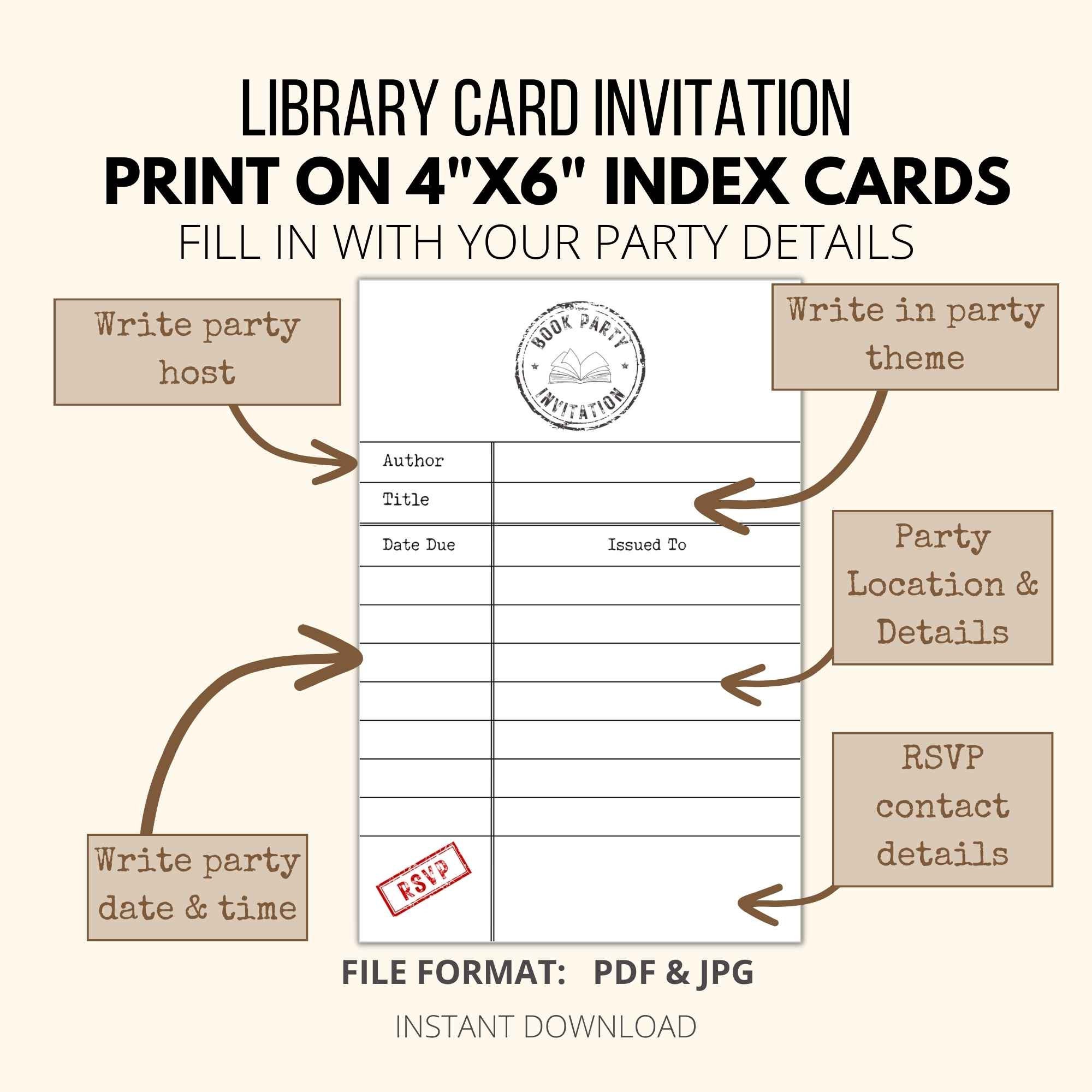 Library Card Style Book Party Stamped DIY Invitation - Printable 4 X 6 ...