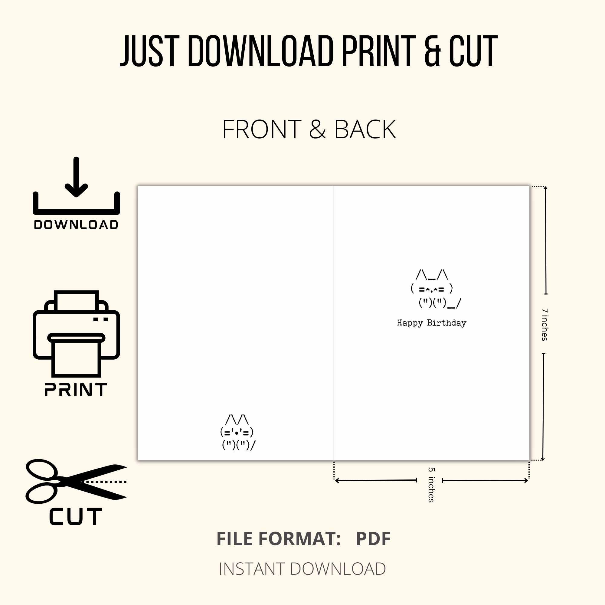Happy Birthday Ascii Cat 5x7 Folded Greeting Cards Pack of 5 Printable ...