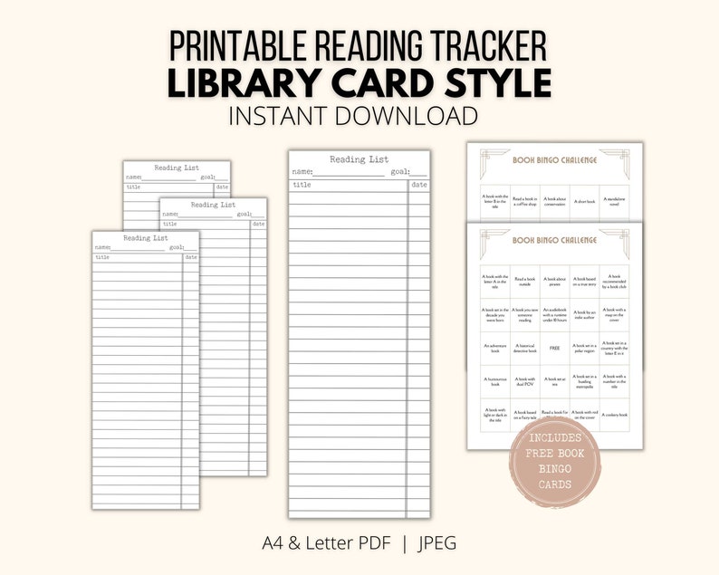 Library Card Style Yearly Reading Tracker Bookmark Printable 2.5x6.5 ...