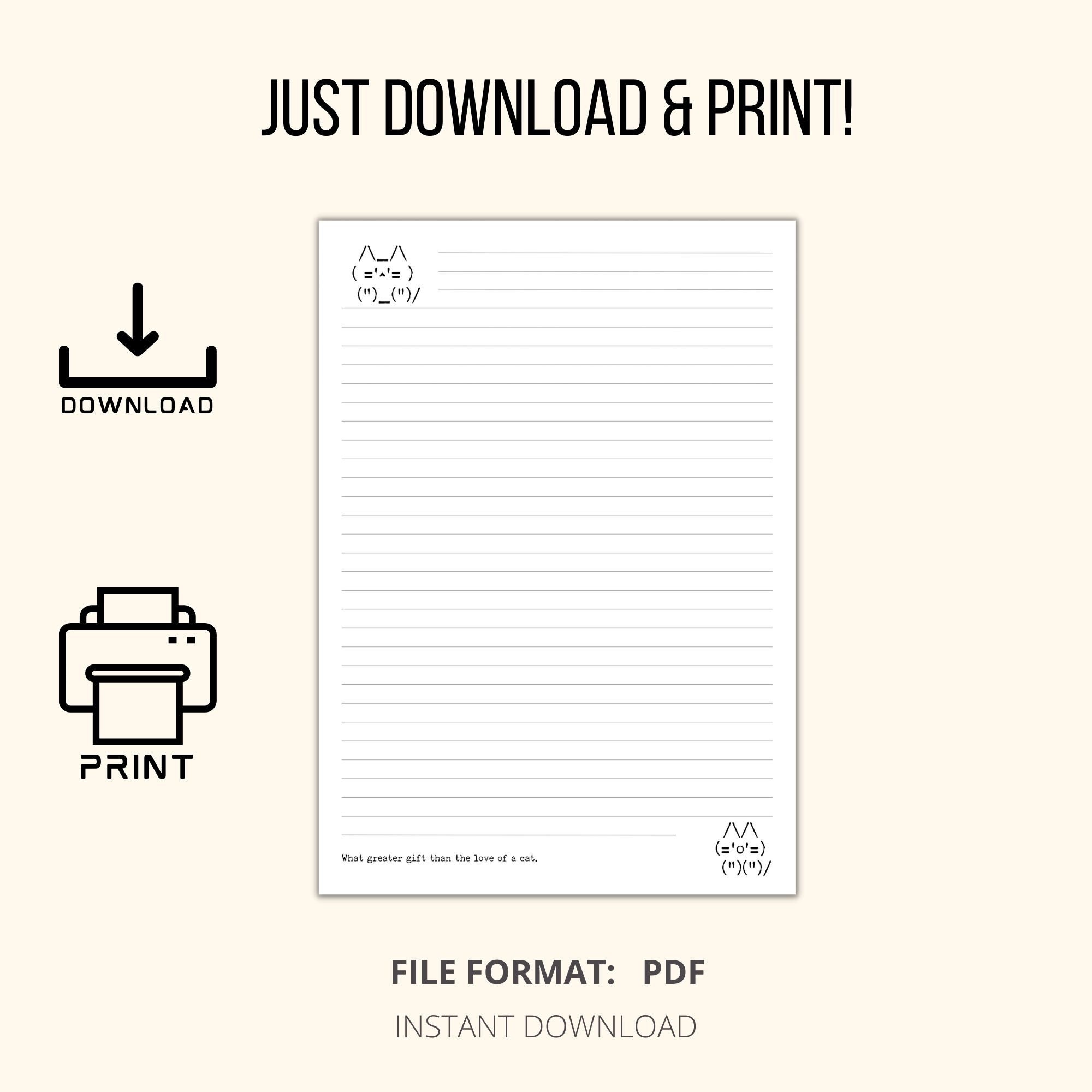 Printable Writing Paper Set Ascii Cat and Quote Design Lined & Unlined ...