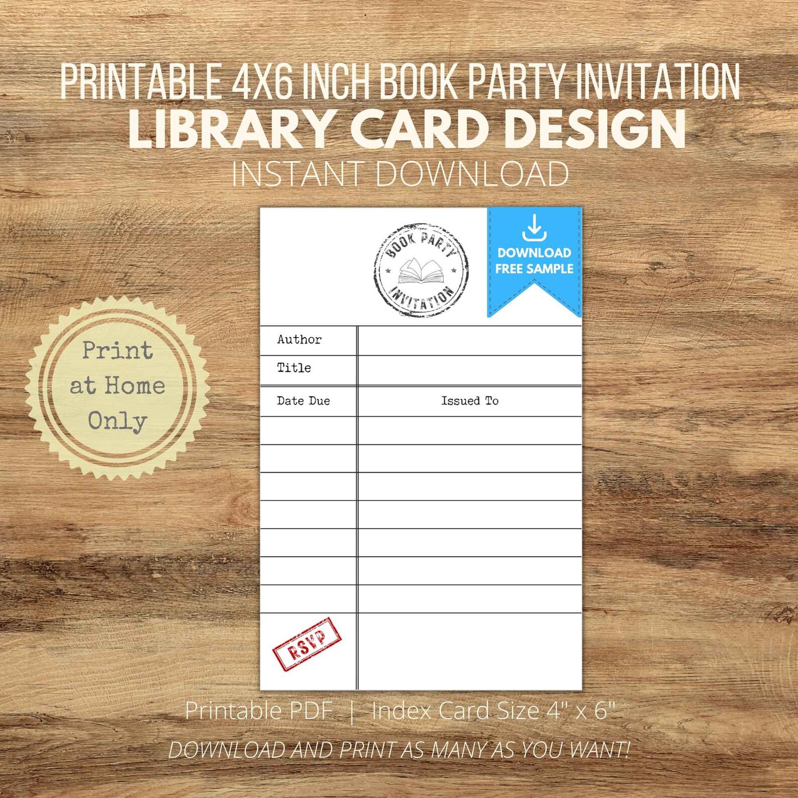 Library Card Style Book Party Stamped DIY Invitation - Printable 4 X 6 ...