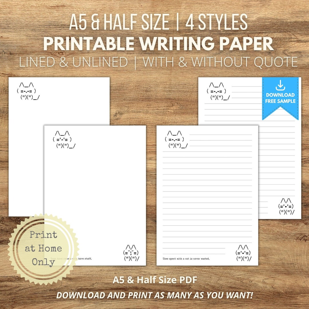 Printable Writing Paper Set Ascii Cat and Quote Design Lined & Unlined ...