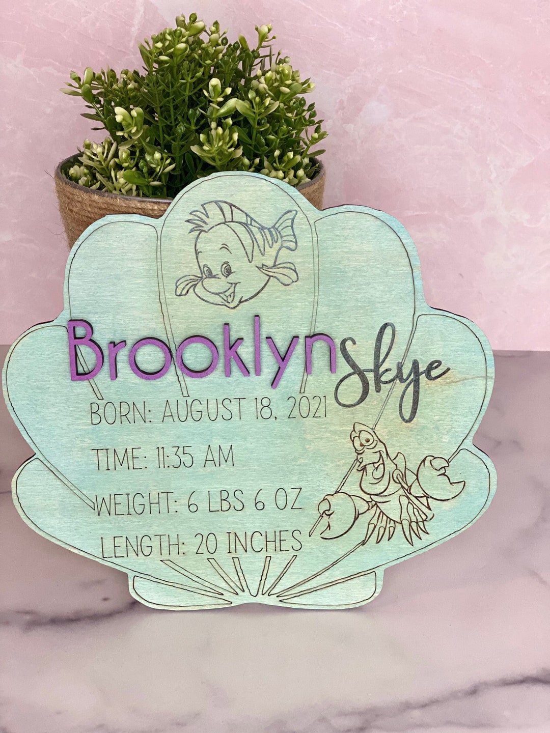 Little Mermaid Birth Announcement Sign Wooden Ariel Seashell Baby Sign ...
