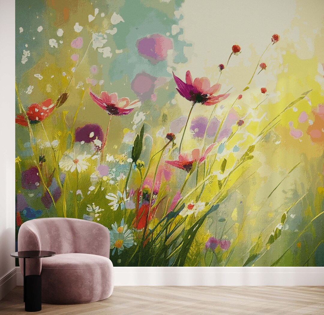 Wildflower Painted Meadow Wallpaper Mural - Etsy