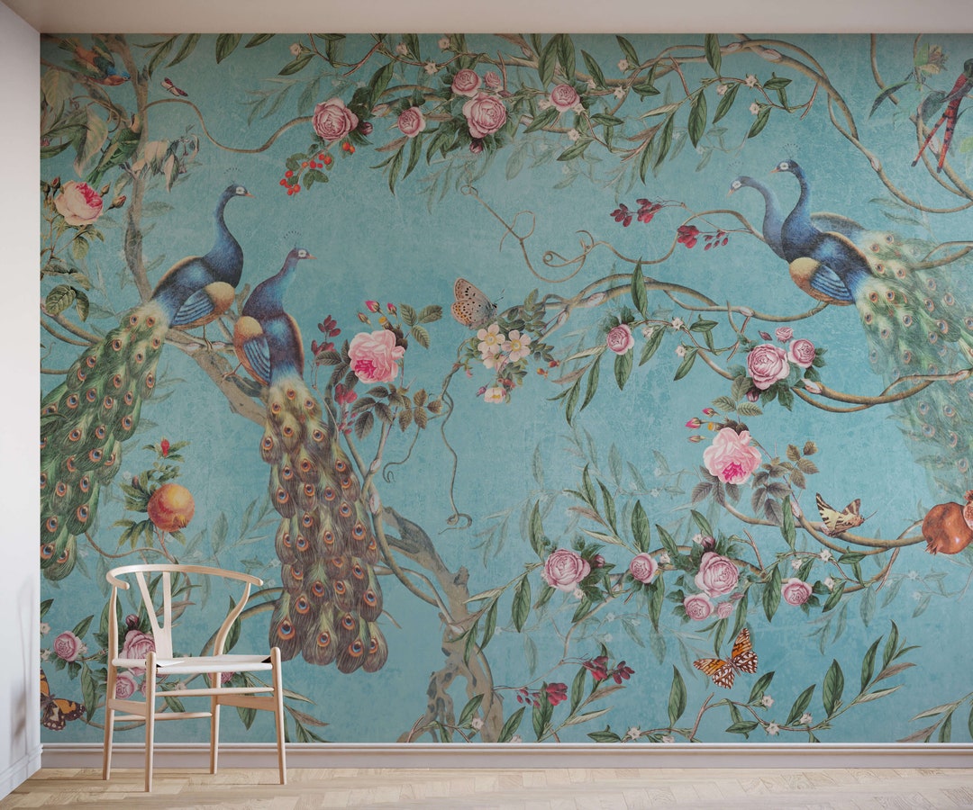 Peacock & Flower Wallpaper Mural - Etsy