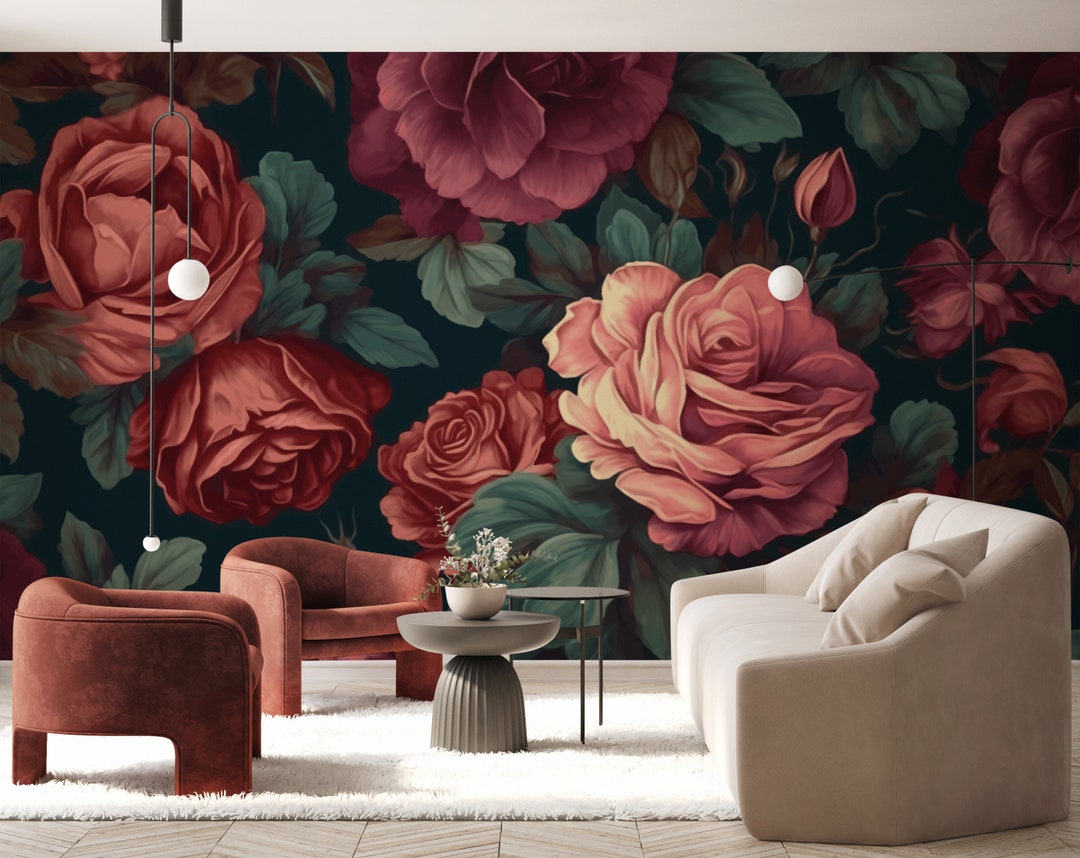Painted Red Rose Wallpaper Mural - Etsy