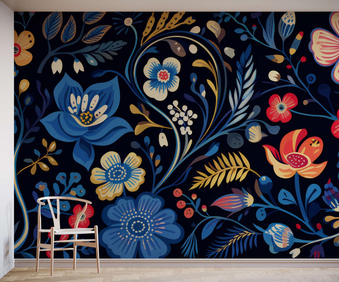 Vibrant Blue Floral Mexican Wallpaper Mural - Etsy