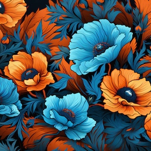 Bright Blue & Orange Floral Wallpaper Mural - Etsy